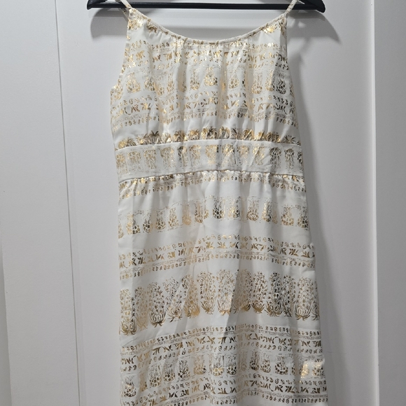 mark. | Dresses | Mark Elegant White And Gold Patterned Midi Dress ...